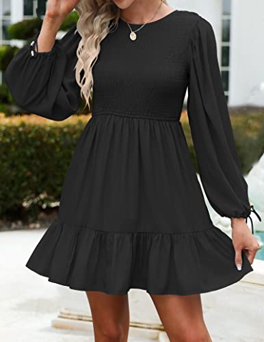 ZESICA Women's Long Sleeve Smocked Dress Spring Casual Crew Neck Tiered Swing Cocktail Wedding Party Mini Dresses,Black,Medium