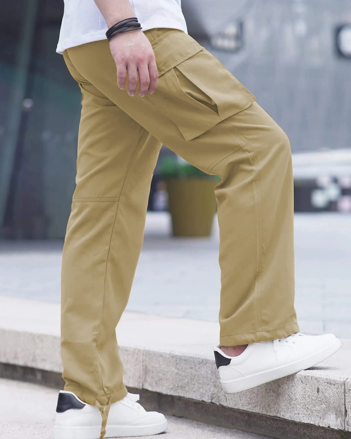 LYRXXX Men's Casual Cargo Pants Hiking Pants Workout Joggers Sweatpants for Men,Light Khaki,M