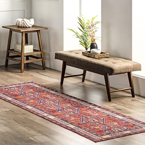 nuLOOM Stella Machine Washable Traditional Tribal Ultra Thin Runner Rug, 2' 6" x 12', Rust
