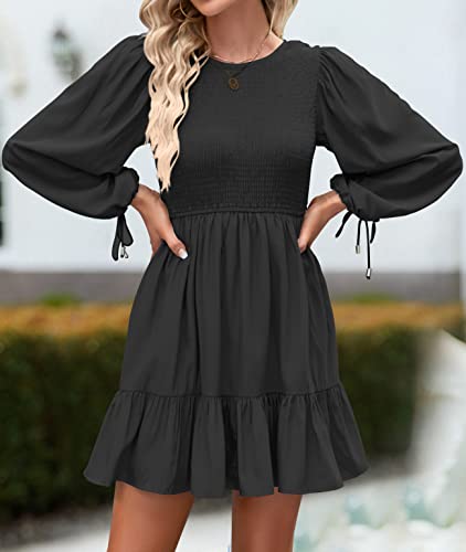 ZESICA Women's Long Sleeve Smocked Dress Spring Casual Crew Neck Tiered Swing Cocktail Wedding Party Mini Dresses,Black,Medium