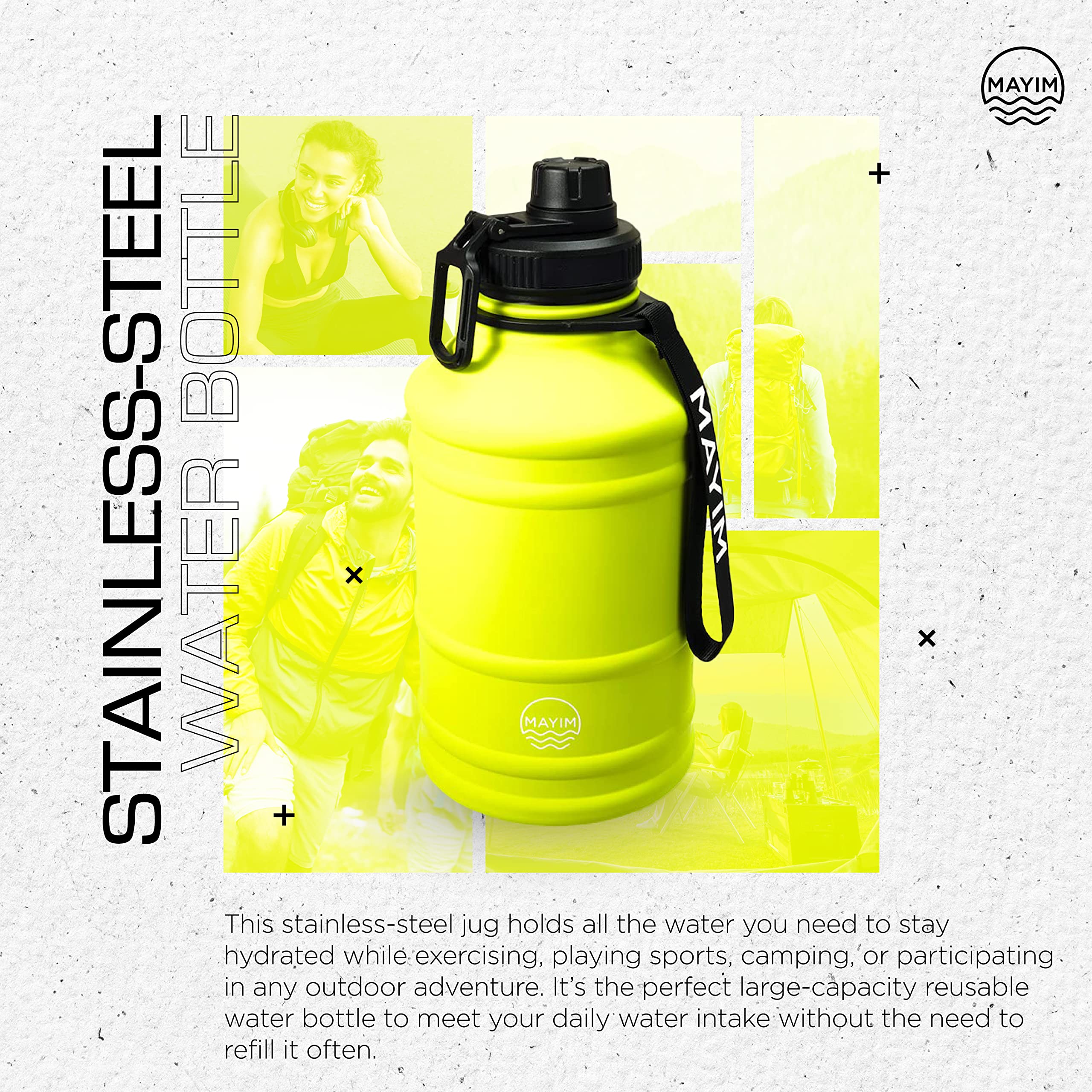 Mayim Large Stainless Steel Water Bottle - Single-Walled Big Metal Drinking Bottle for Sports, Camping, Gym, Workouts – 2.2L/ 74oz/ More Than Half Gallon Capacity