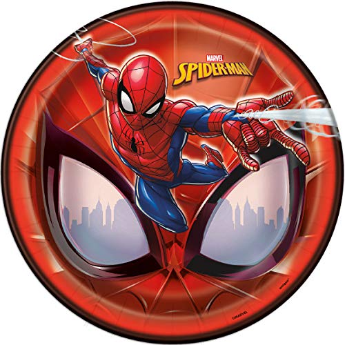 Unique Spiderman Birthday Party Supplies Bundle Pack includes Dessert Cake Paper Plates, Lunch Plates, Napkins, Table Cover, Paper Masks, Confetti (Bundle for 16)