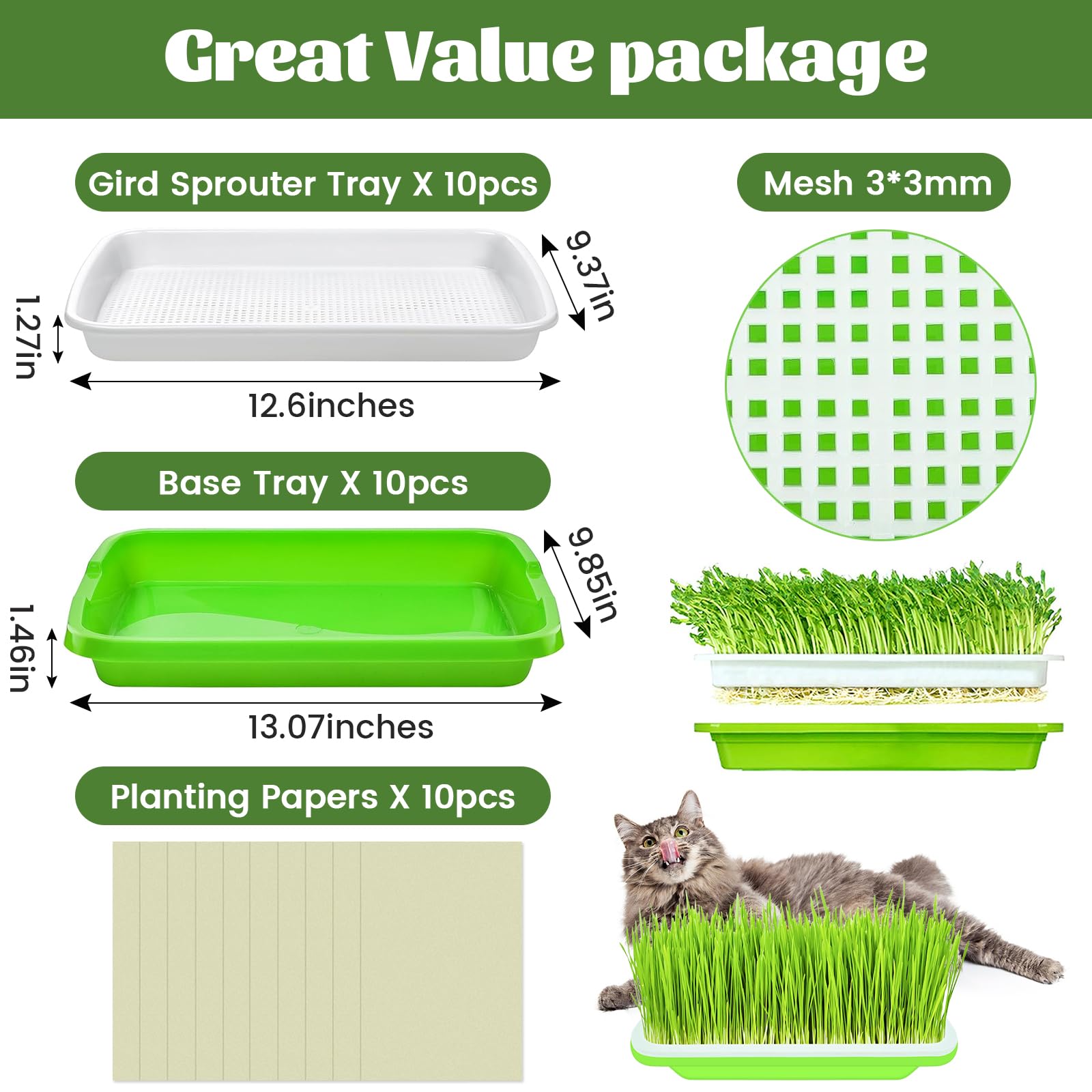 Legigo 10 Pack Green Seed Sprouter Trays- Soil-Free Cultivation Germination Tray, BPA Free Nursery Tray with Planting Paper for Indoors or Outdoors Sprouting Seeds, Grow Grass, Beans (Without Lids)