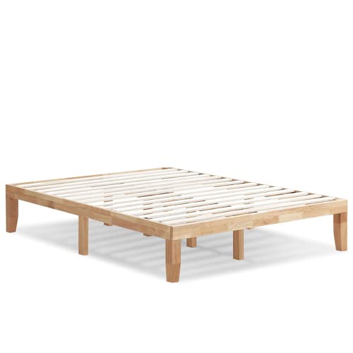 KOMFOTT 14 Inches Wood Platform Bed Frame Queen Size, Solid Wood Mattress Foundation with Rubber Wood Frame, Strong Poplar Wood Slat Support, No Box Spring Needed, Bed Frame (Natural)