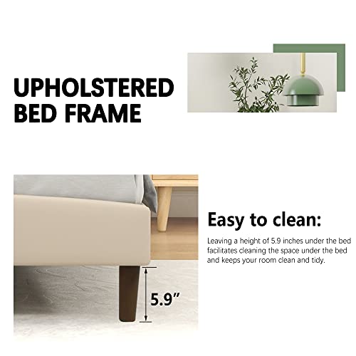AGARTT Upholstered Platform Full Size Bed Frame with Geometric Headboard No Box Spring Required Anti-Slip Beige Linen