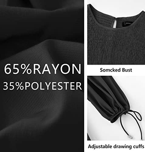 ZESICA Women's Long Sleeve Smocked Dress Spring Casual Crew Neck Tiered Swing Cocktail Wedding Party Mini Dresses,Black,Medium