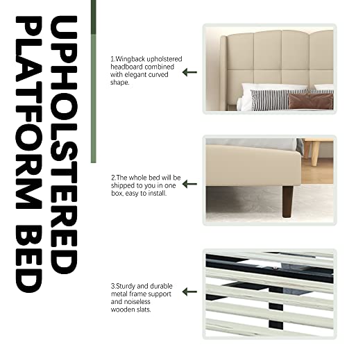 AGARTT Upholstered Platform Full Size Bed Frame with Geometric Headboard No Box Spring Required Anti-Slip Beige Linen