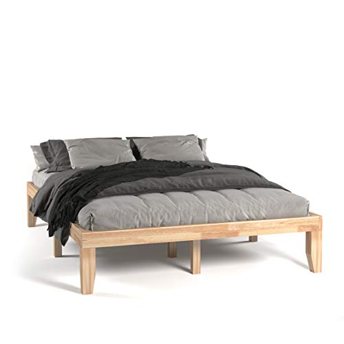 KOMFOTT 14 Inches Wood Platform Bed Frame Queen Size, Solid Wood Mattress Foundation with Rubber Wood Frame, Strong Poplar Wood Slat Support, No Box Spring Needed, Bed Frame (Natural)