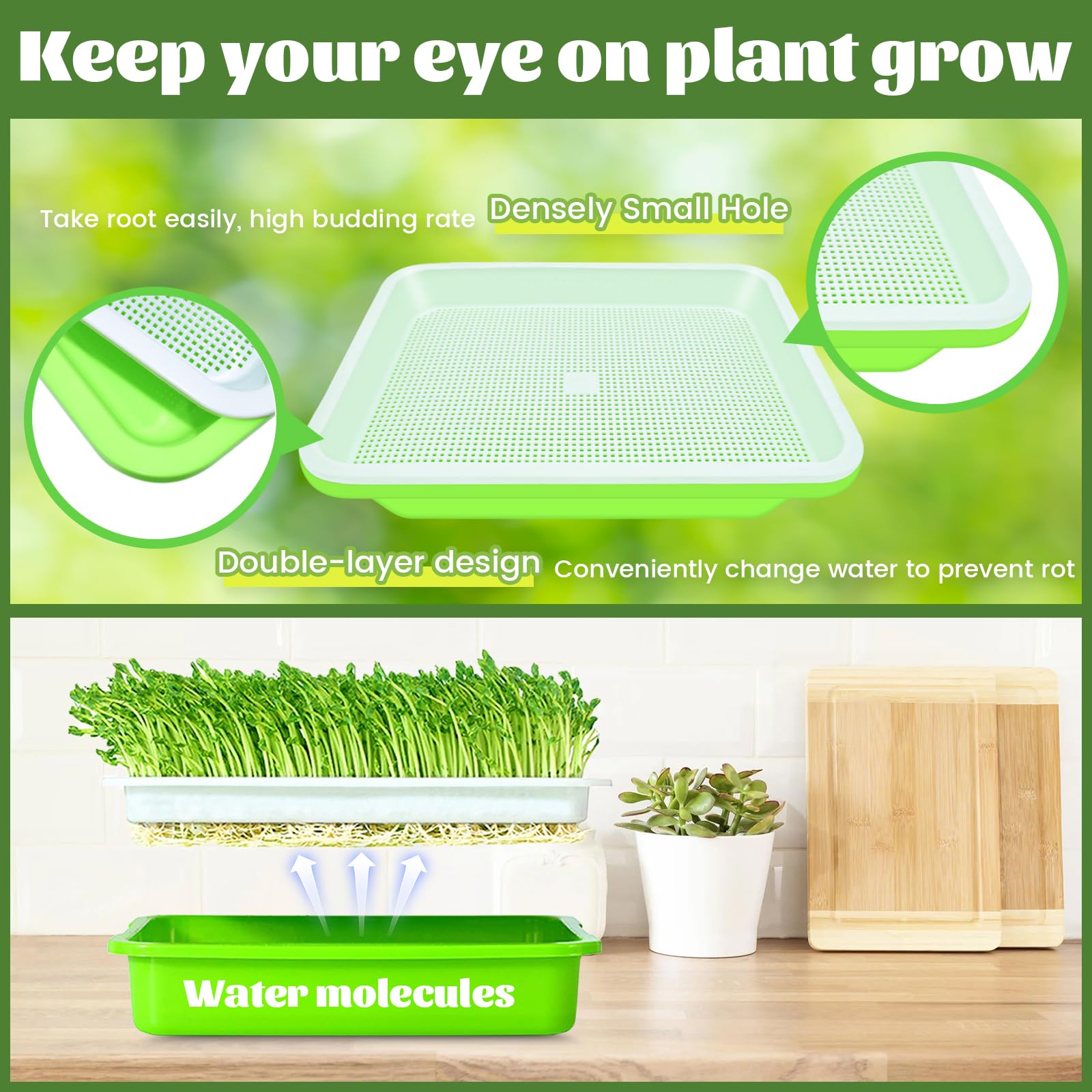 Legigo 10 Pack Green Seed Sprouter Trays- Soil-Free Cultivation Germination Tray, BPA Free Nursery Tray with Planting Paper for Indoors or Outdoors Sprouting Seeds, Grow Grass, Beans (Without Lids)