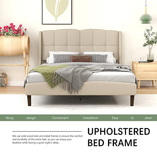 AGARTT Upholstered Platform Full Size Bed Frame with Geometric Headboard No Box Spring Required Anti-Slip Beige Linen