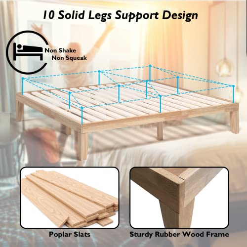 KOMFOTT 14 Inches Wood Platform Bed Frame Queen Size, Solid Wood Mattress Foundation with Rubber Wood Frame, Strong Poplar Wood Slat Support, No Box Spring Needed, Bed Frame (Natural)