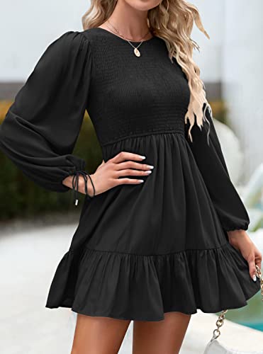 ZESICA Women's Long Sleeve Smocked Dress Spring Casual Crew Neck Tiered Swing Cocktail Wedding Party Mini Dresses,Black,Medium