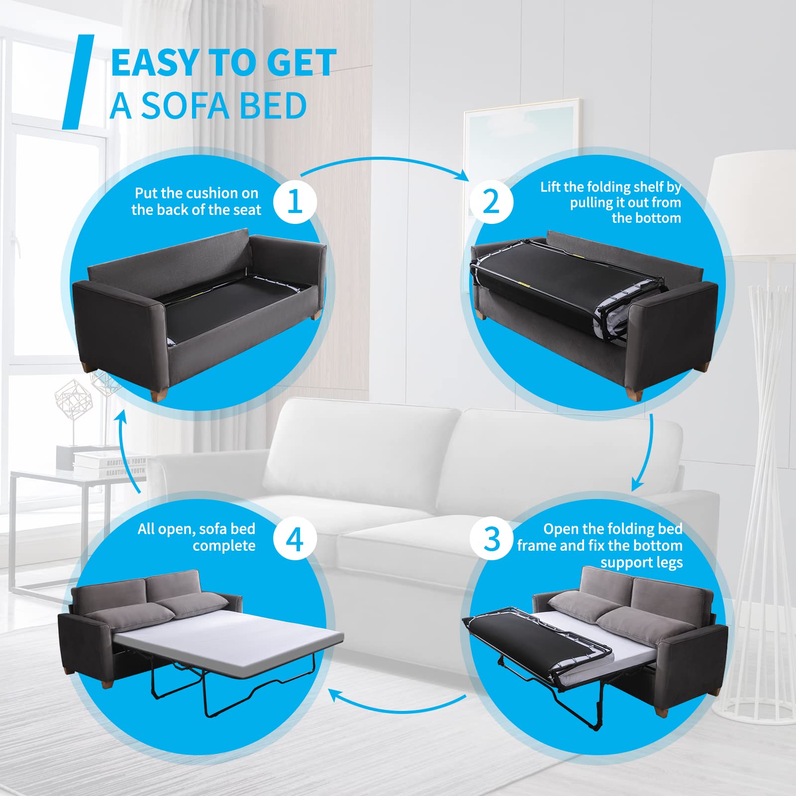 Mjkone 2-in-1 Pull Out Sofa Bed, Queen Size Velvet Sleeper Sofa Bed with Folding Foam Mattress, Pull Out Couch Bed for Living Room/Apartment/Small Spaces(Queen, Dark Grey)