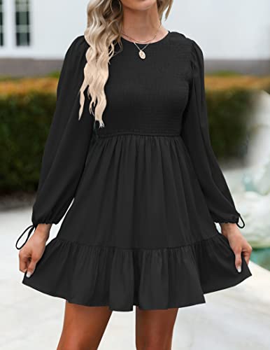 ZESICA Women's Long Sleeve Smocked Dress Spring Casual Crew Neck Tiered Swing Cocktail Wedding Party Mini Dresses,Black,Medium