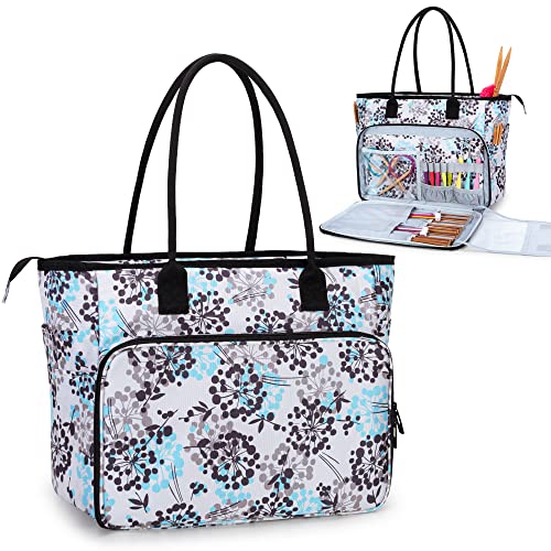 CURMIO Yarn Storage Bag, Knitting Bag for WIP Project, Crochet Hooks, Knitting Needles(up to 14"/35.5cm) and Yarn Skeins, Dandelion(Bag Only)