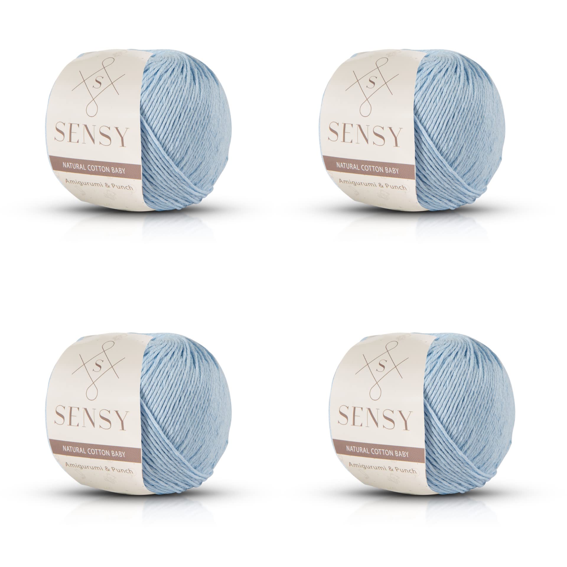 Sensy 100% Recycled Cotton Yarn for Amigurumi Knitting and Crochet, Macrame Yarn, Ideal for Blanket, Throws, Pillow, Baby Dolls Projects 4 Skeins (Baby Blue)
