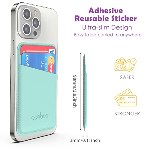 doeboe Leather Phone Card Holder for Back of Phone, Credit Card Case Stick on Cell Phone, Strongly Adhesive Phone Wallet Sleeve, Compatible with iPhone 14, Samsung, Android, All Smartphones (Mint)