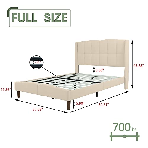 AGARTT Upholstered Platform Full Size Bed Frame with Geometric Headboard No Box Spring Required Anti-Slip Beige Linen