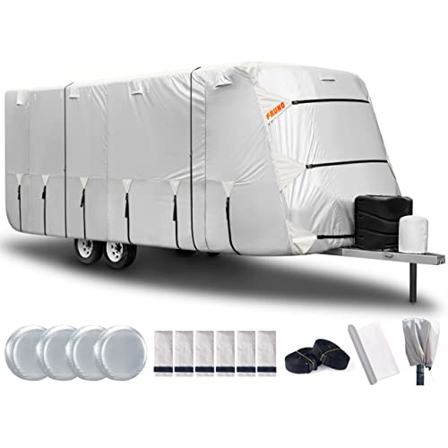 FRUNO Oxford Cloth Travel Trailer RV Cover 27'8"-30' Waterproof Rip-Resistant Anti-UV Camper Cover for Winter Snow with Jack Cover 4 Tire Covers and Gutter Covers