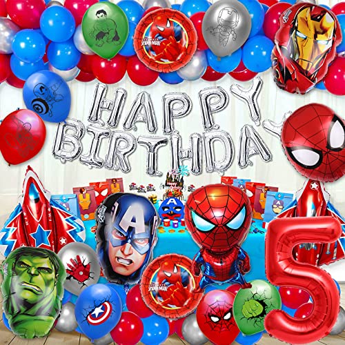 16PCS Superhero Birthday Party Balloons Spider Foil Balloons,Children's Superhero Theme 5th Birthday Party Decorations (5 Years old)