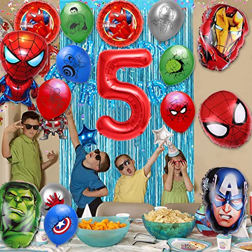 16PCS Superhero Birthday Party Balloons Spider Foil Balloons,Children's Superhero Theme 5th Birthday Party Decorations (5 Years old)