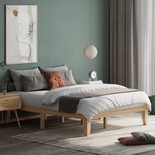 KOMFOTT 14 Inches Wood Platform Bed Frame Queen Size, Solid Wood Mattress Foundation with Rubber Wood Frame, Strong Poplar Wood Slat Support, No Box Spring Needed, Bed Frame (Natural)
