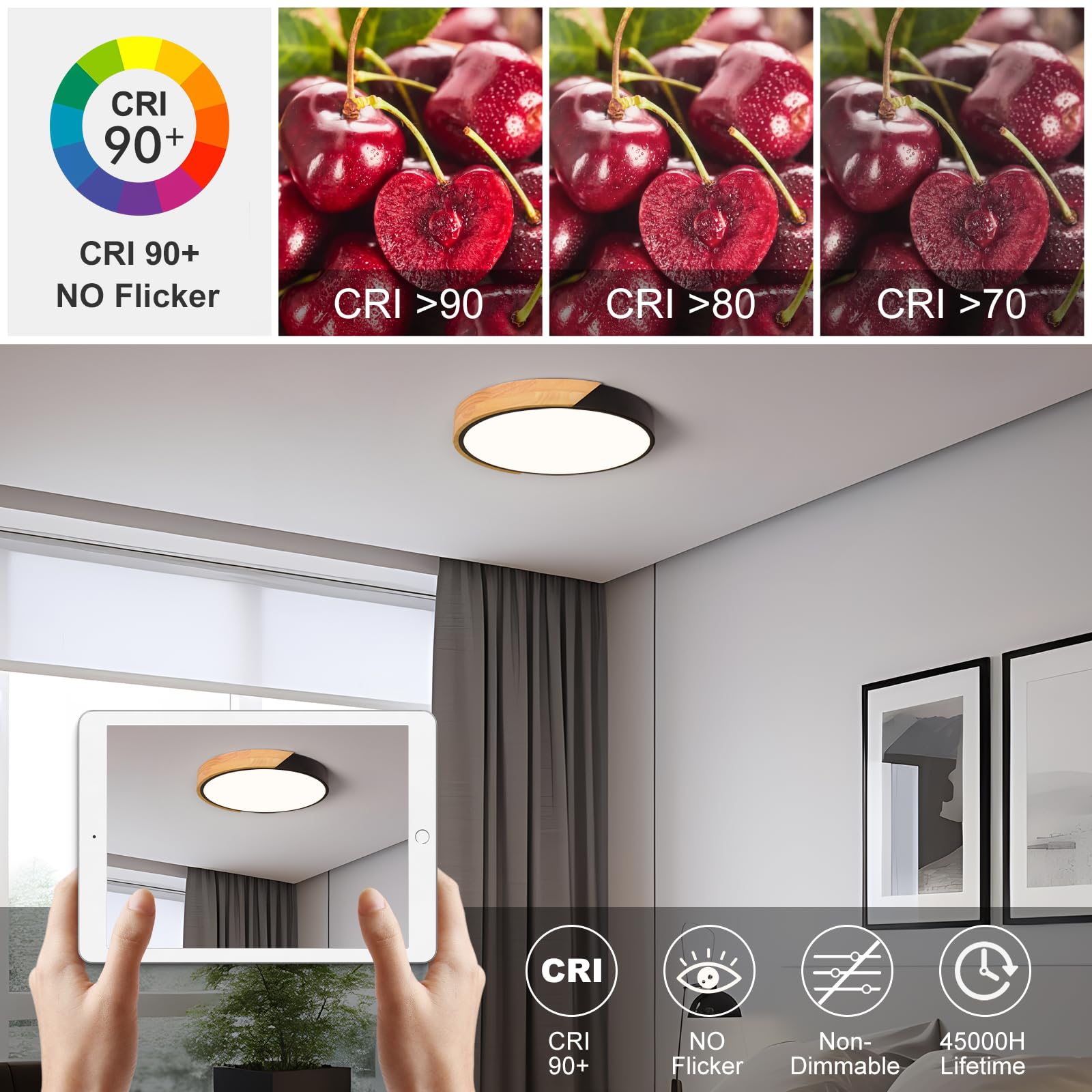 Vikaey Modern LED Ceiling Light, Minimalist Wood Flush Mount Ceiling Light Fixture, 4000K Not Dimmable, Circle Lighting Lamp with Acrylic Lampshade for Bedroom Laundry Room Hallway (Black,11.8")