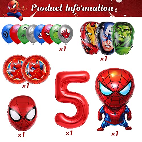 16PCS Superhero Birthday Party Balloons Spider Foil Balloons,Children's Superhero Theme 5th Birthday Party Decorations (5 Years old)