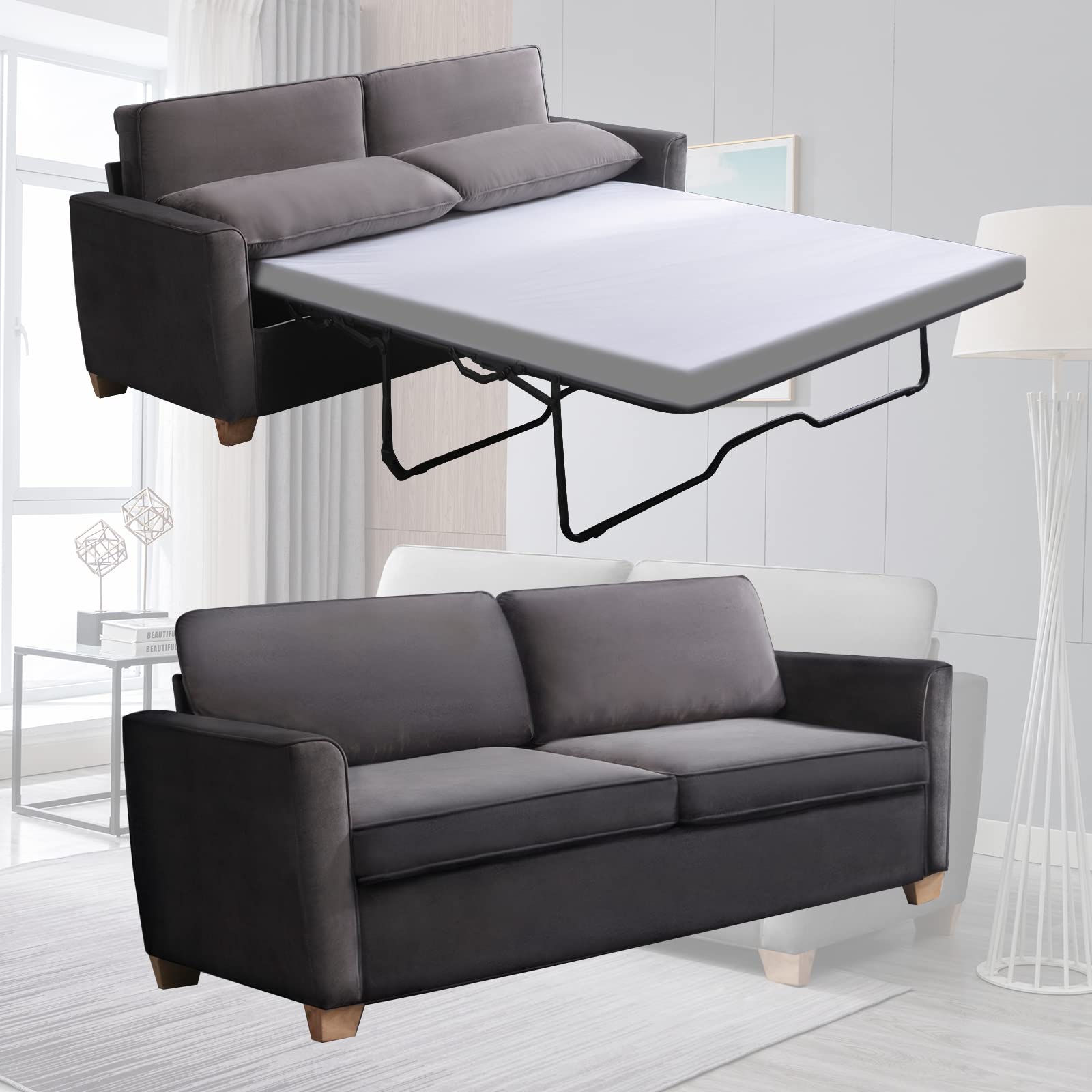 Mjkone 2-in-1 Pull Out Sofa Bed, Queen Size Velvet Sleeper Sofa Bed with Folding Foam Mattress, Pull Out Couch Bed for Living Room/Apartment/Small Spaces(Queen, Dark Grey)