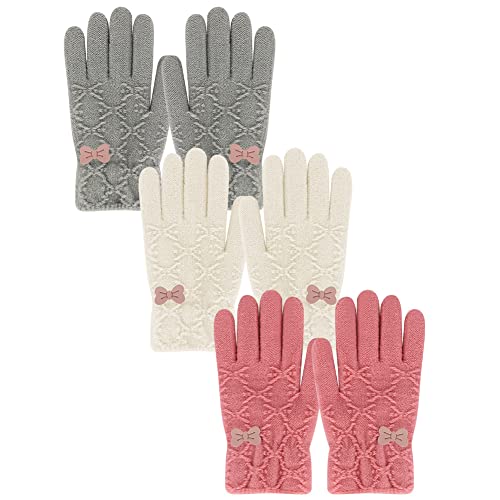 Winter Gloves for Toddler Kids - 3 Pairs Boys Girls Soft Warm Wool Lined Gloves Full Finger Children Thermal Knit Gloves (White/Pink/Grey, 5-12T)
