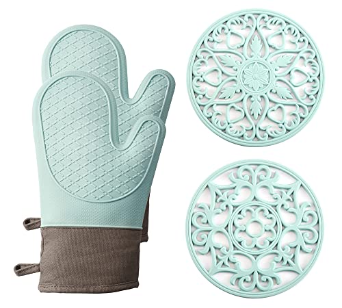 Domonic Home Oven Mitts and Pot Holders Sets, Silicone Oven Mitts Heat Resistant 600F, Oven Mitt Set Soft Lining Good Grip, Oven Gloves and Trivet Mats 4 Piece Set, Aqua Sky