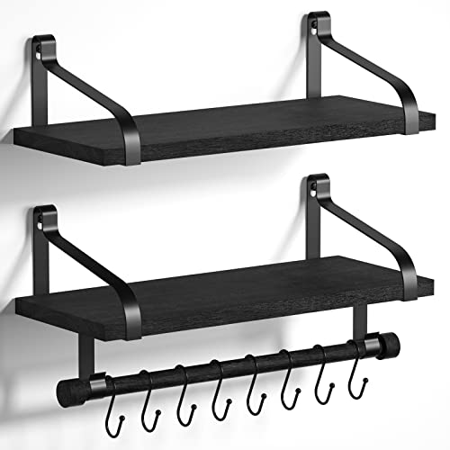 Love-KANKEI Floating Shelves for Coffee Bar,Bathroom Shelves with Towel Bar, Wall Shelves with 8 Hooks for Kitchen, 17.3 Inch Storage Shelves Set of 2 for Bedroom,Living Room,Black