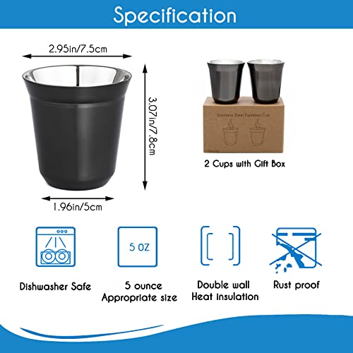 Easyworkz Stainless Steel Espresso Cup 2pcs Set Double Wall Insulated Metal Demitasse Cups 2.5 oz