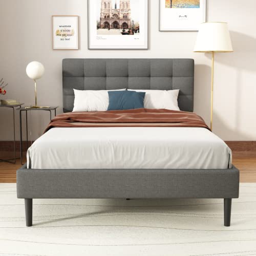 UNIZONE Full Size Upholstered Bed Frame with Tufted Headboard, Platform Bed with Linen Fabric Headboard, Wood Slats Support, Mattress Foundation, No Box Spring Needed, Easy Assembly, Modern, Dark Gray