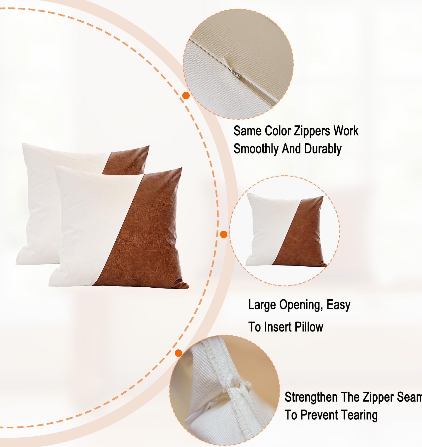GEGELICA Faux Leather Patchwork White Linen Throw Pillow Covers Modern Minimalist Farmhouse Solid Boho Decorative Pillow Covers for Couch Living Room Bedroom Set of 2 18X18 Inch Brown and Cognac