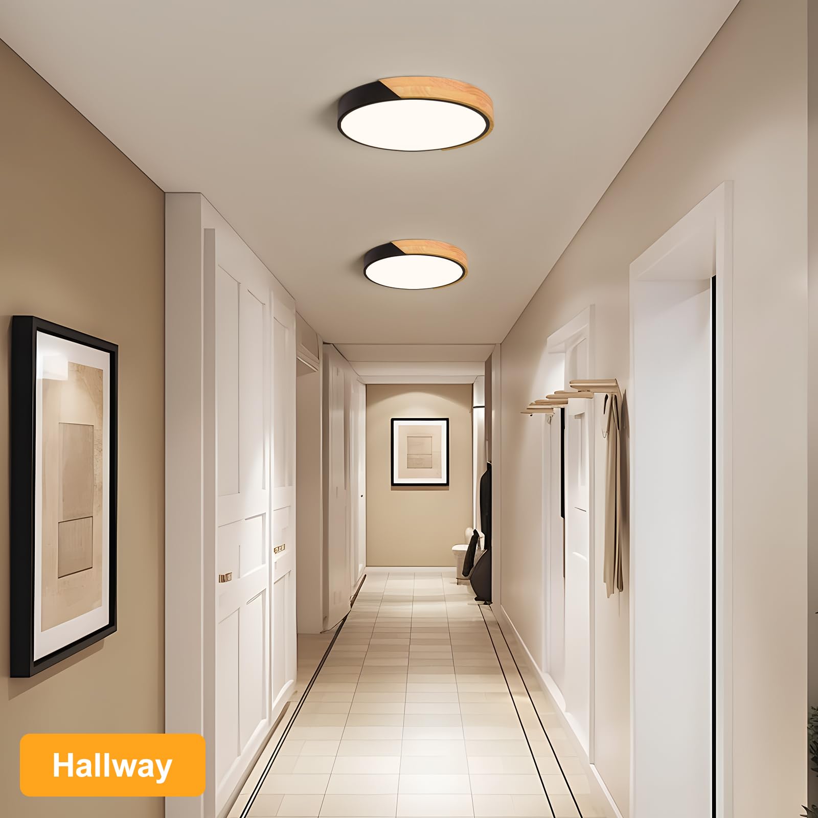 Vikaey Modern LED Ceiling Light, Minimalist Wood Flush Mount Ceiling Light Fixture, 4000K Not Dimmable, Circle Lighting Lamp with Acrylic Lampshade for Bedroom Laundry Room Hallway (Black,11.8")