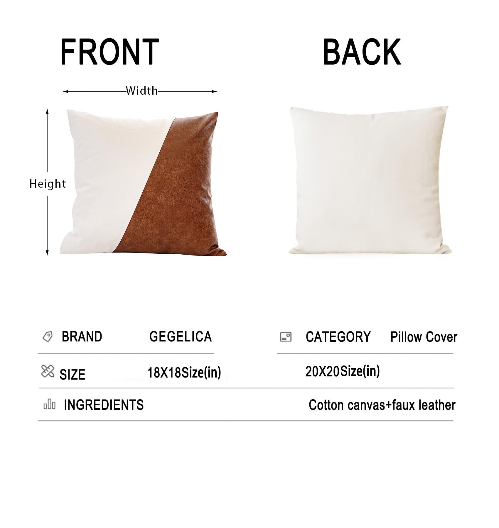 GEGELICA Faux Leather Patchwork White Linen Throw Pillow Covers Modern Minimalist Farmhouse Solid Boho Decorative Pillow Covers for Couch Living Room Bedroom Set of 2 18X18 Inch Brown and Cognac