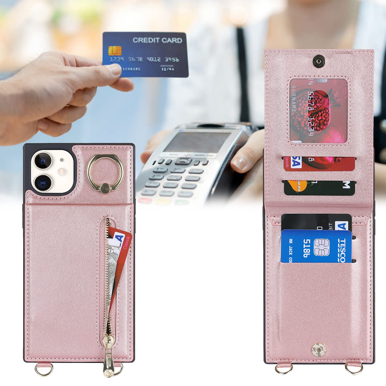 Jaorty iPhone 12 Mini Case with Card Holder for Women,Crossbody Wallet Case for iPhone 12 Mini with Strap,[Ring Holder Kickstand] Lanyard Leather PU Magnetic Clasp Zipper Purse,5.4" Pink