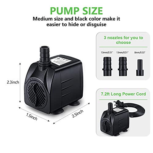 YDDHHB Submersible Pump, 130GPH(10W 500L/H) Fountain Water Pump, Compact Fountain Pump with 6.5ft Power Cord, 3 Nozzles for Fish Tank, Pond, Aquarium, Hydroponics (130GPH)