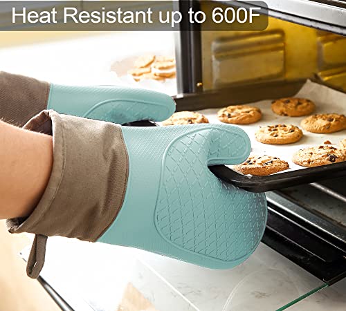 Domonic Home Oven Mitts and Pot Holders Sets, Silicone Oven Mitts Heat Resistant 600F, Oven Mitt Set Soft Lining Good Grip, Oven Gloves and Trivet Mats 4 Piece Set, Aqua Sky