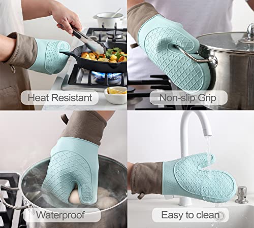 Domonic Home Oven Mitts and Pot Holders Sets, Silicone Oven Mitts Heat Resistant 600F, Oven Mitt Set Soft Lining Good Grip, Oven Gloves and Trivet Mats 4 Piece Set, Aqua Sky