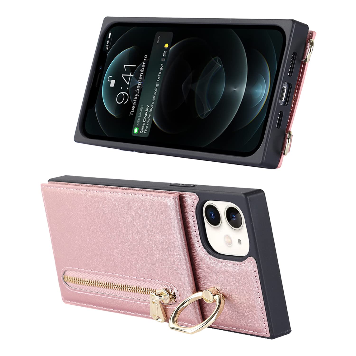 Jaorty iPhone 12 Mini Case with Card Holder for Women,Crossbody Wallet Case for iPhone 12 Mini with Strap,[Ring Holder Kickstand] Lanyard Leather PU Magnetic Clasp Zipper Purse,5.4" Pink