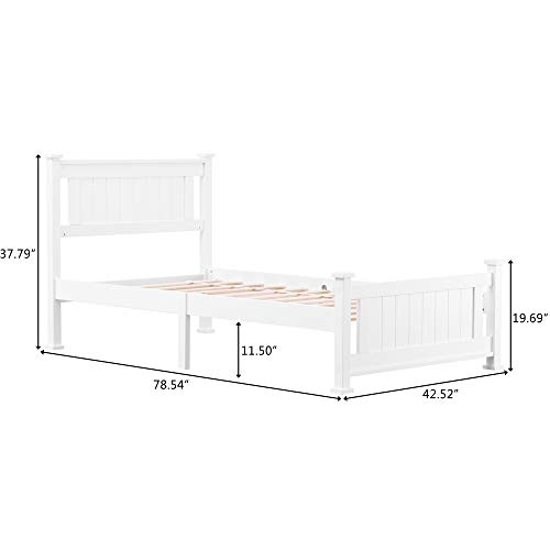 Bonnlo White Twin Bed Frame with Headboard,Modern Wood Bed Single Bed for Adults, No Box Spring Needed Panel Bed, Wood Slat Support Mattress Foundation