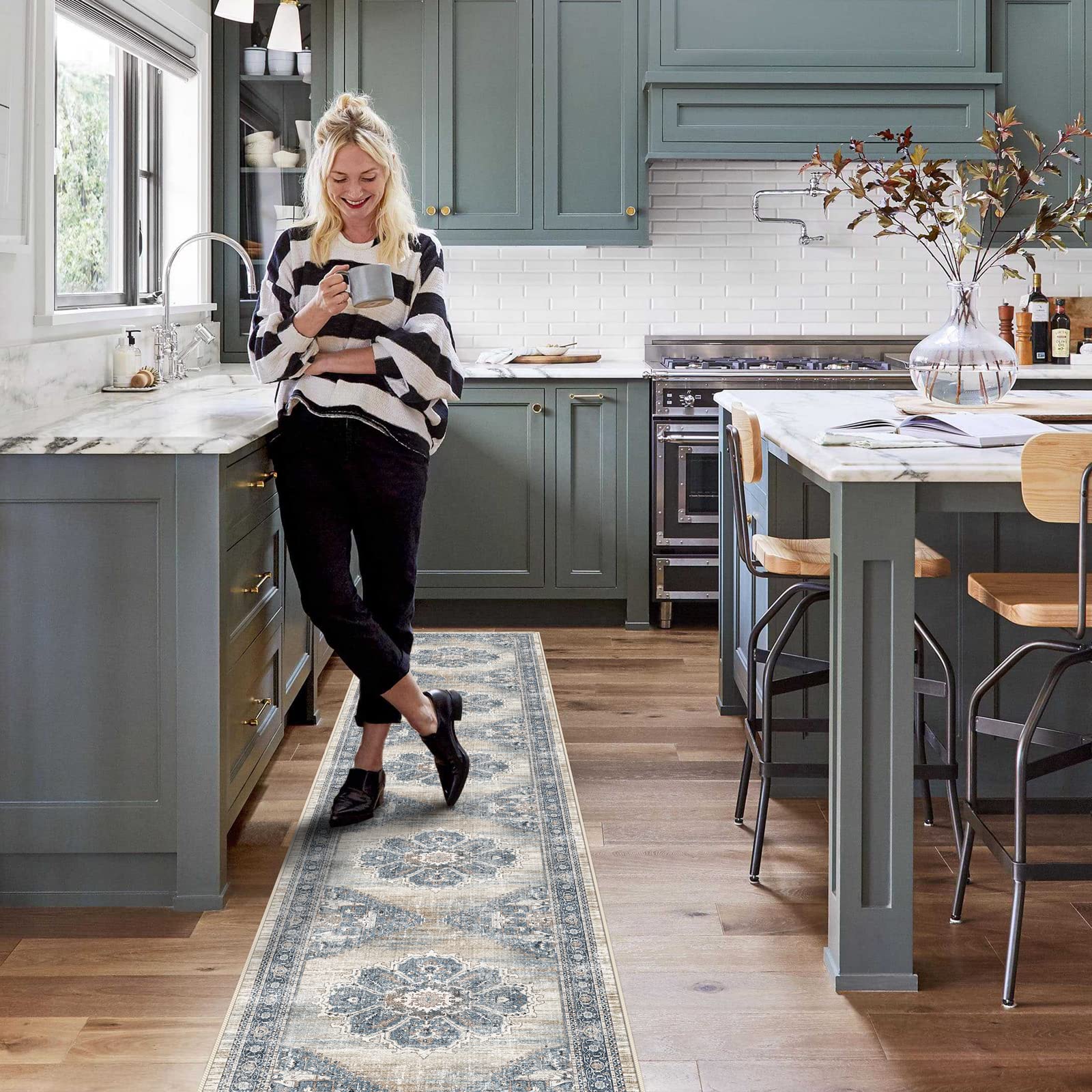 YOUFORTONG Runners for Hallways Soft Kitchen Rug Non Slip Rug Runner with Rubber Backing for Bathroom Washable Non Shedding Farmhouse Runner Rug (Blue, 2X12)