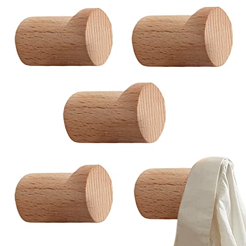 AULEST Wood Wall Hooks 5 PCS, Wooden Pegs Hooks Natural Handmade Home Decor Coat Hanger Wall Mounted for Hanging Robe Bag Purse Towel (Beech Wood)