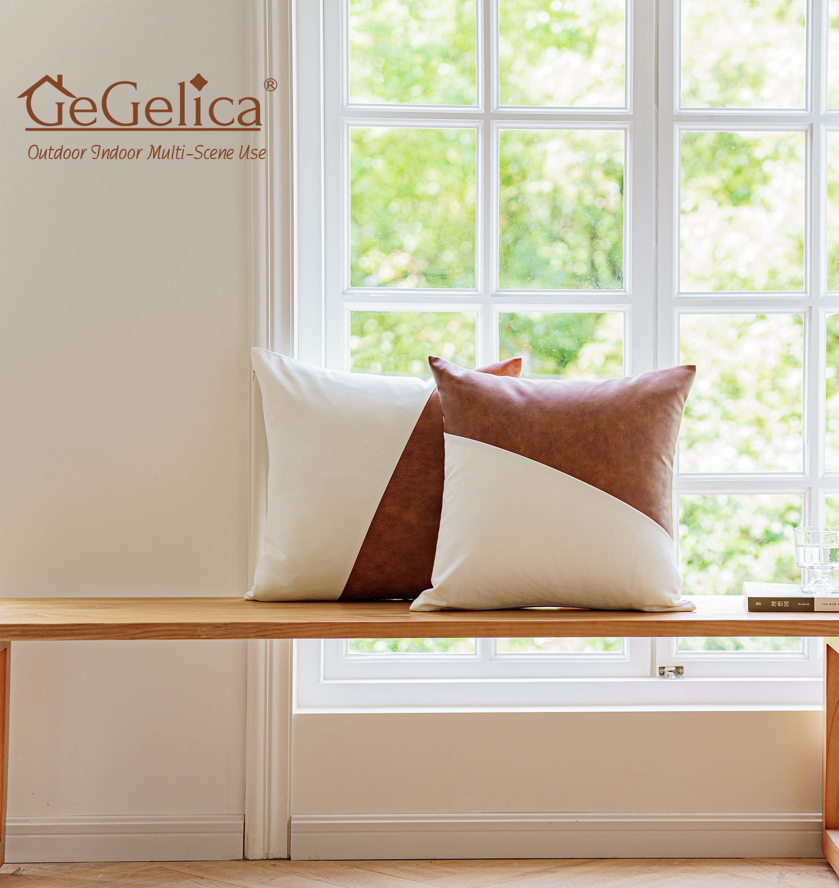 GEGELICA Faux Leather Patchwork White Linen Throw Pillow Covers Modern Minimalist Farmhouse Solid Boho Decorative Pillow Covers for Couch Living Room Bedroom Set of 2 18X18 Inch Brown and Cognac