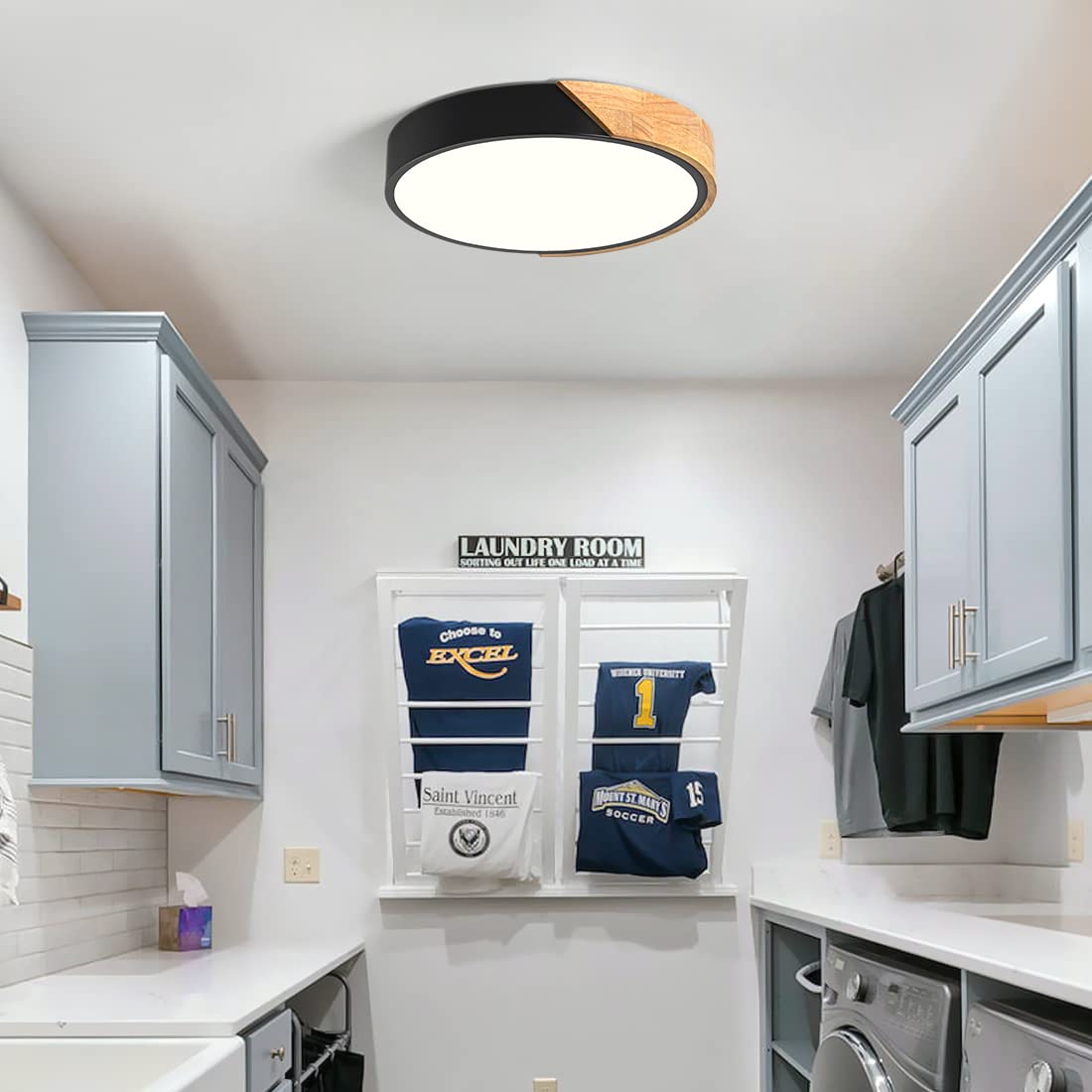 Vikaey Modern LED Ceiling Light, Minimalist Wood Flush Mount Ceiling Light Fixture, 4000K Not Dimmable, Circle Lighting Lamp with Acrylic Lampshade for Bedroom Laundry Room Hallway (Black,11.8")