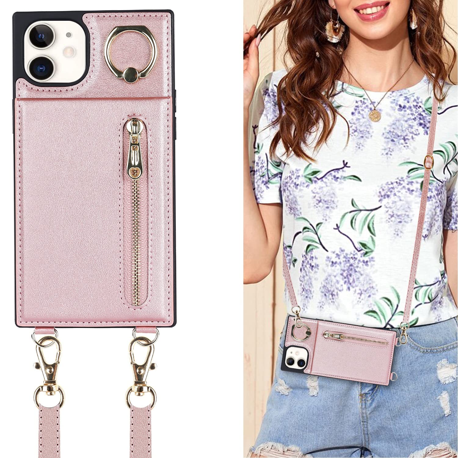 Jaorty iPhone 12 Mini Case with Card Holder for Women,Crossbody Wallet Case for iPhone 12 Mini with Strap,[Ring Holder Kickstand] Lanyard Leather PU Magnetic Clasp Zipper Purse,5.4" Pink