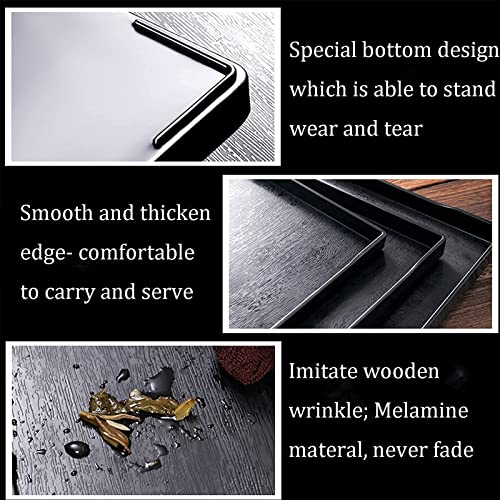 Plastic Serving Tray for Food 3Pcs Melamine Tray Platter with Wooden Wrinkle Black Rectangular Serving Board for Tea/Coffee/Fruit/Bread/Cake/Pastries/Cookie Tray for Home Wedding Kitchen Countertop