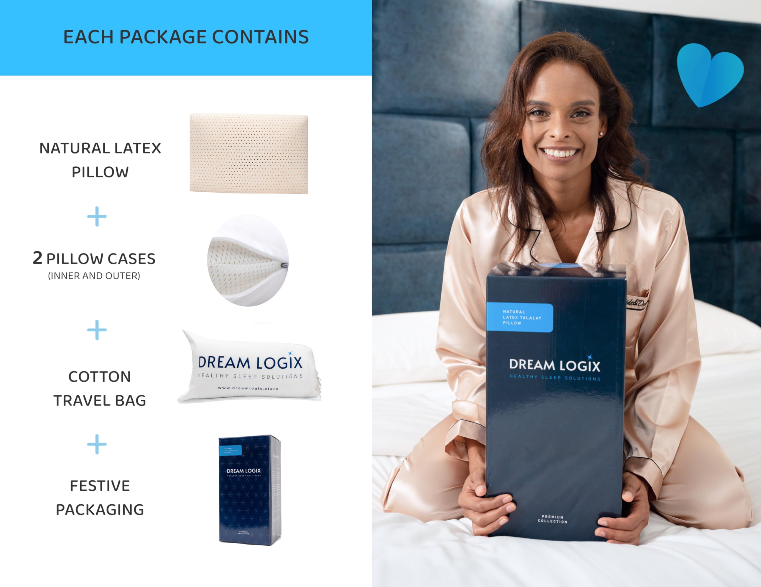 Talalay Natural Latex Foam Pillow DreamLogix - Queen Size Medium Soft Pillow for Sleeping, Side, Stomach & Back Sleepers, Neck Support, 100% Cotton Cover (Medium Soft, Queen Size 28''x16''x6'')